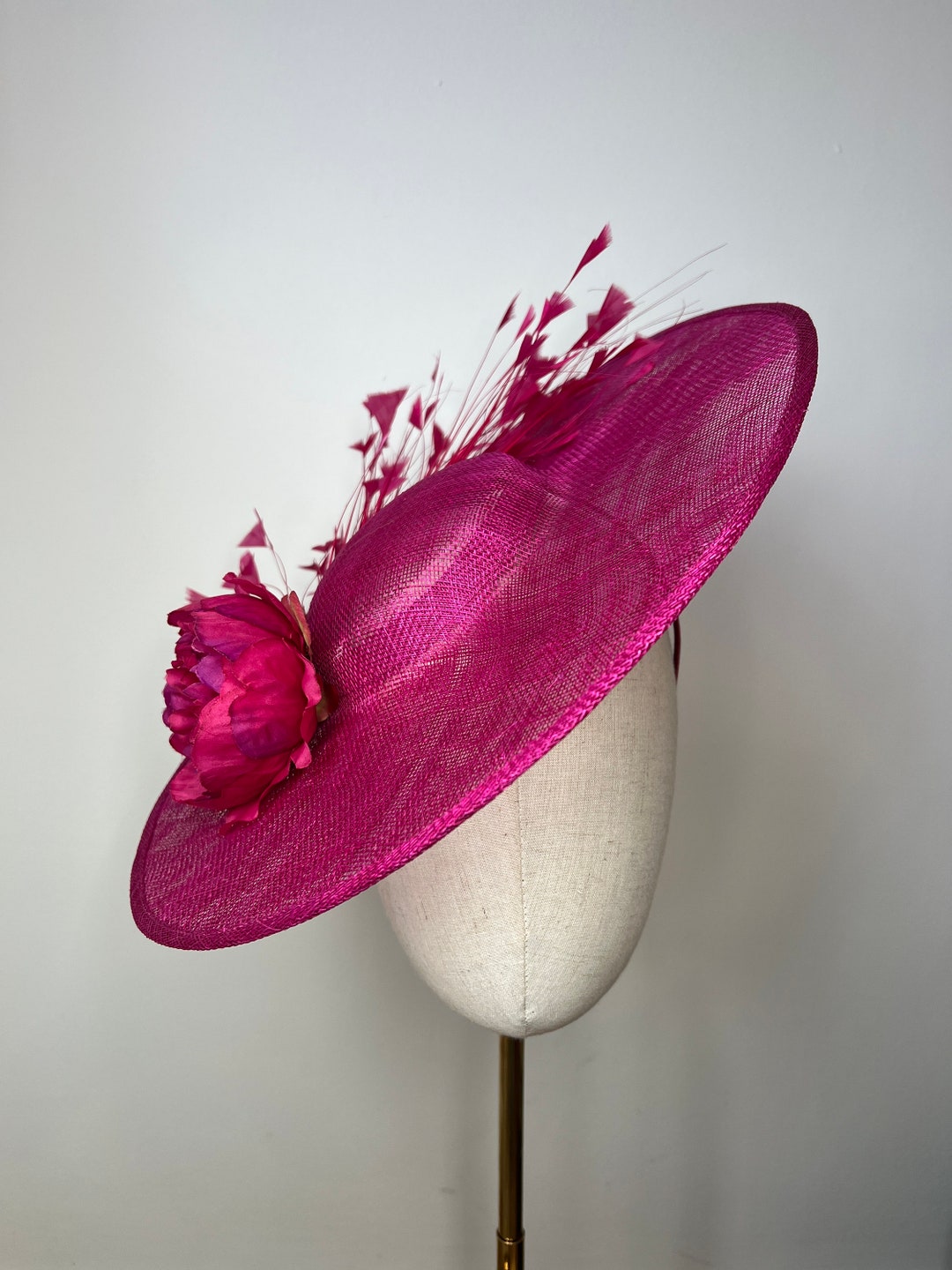 Cerise Pink Sinamay Fascinator: Feather & Peony Headband, Handmade ...