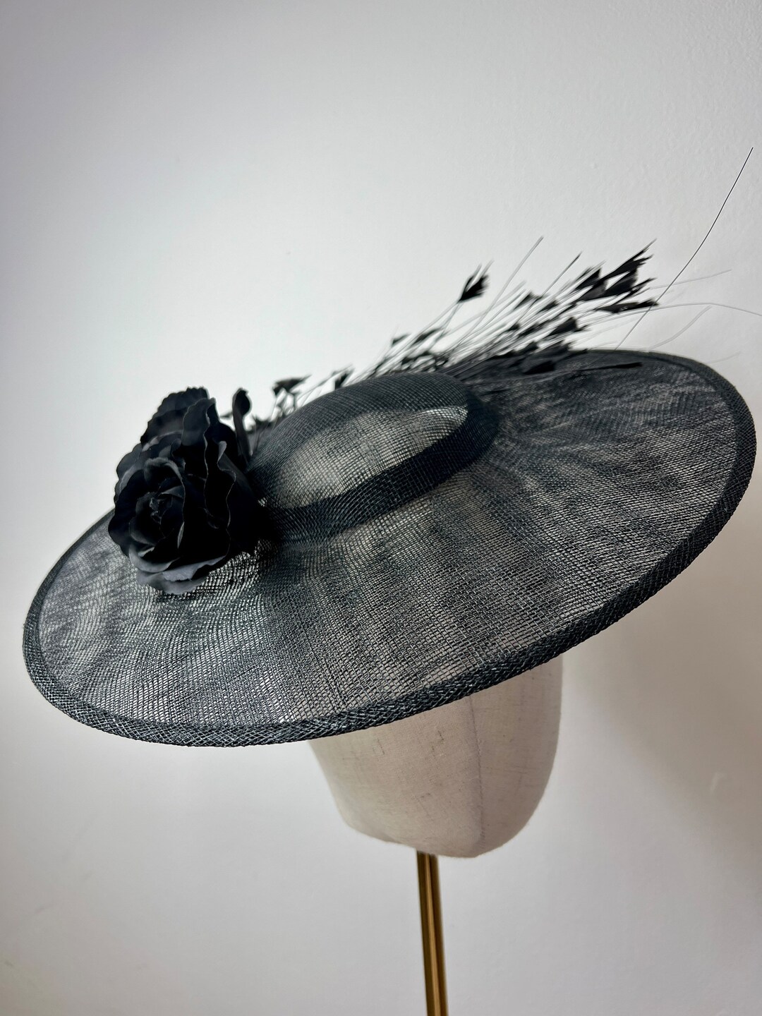 Black Sinamay Fascinator: Feather & Rose Statement Headband - Etsy