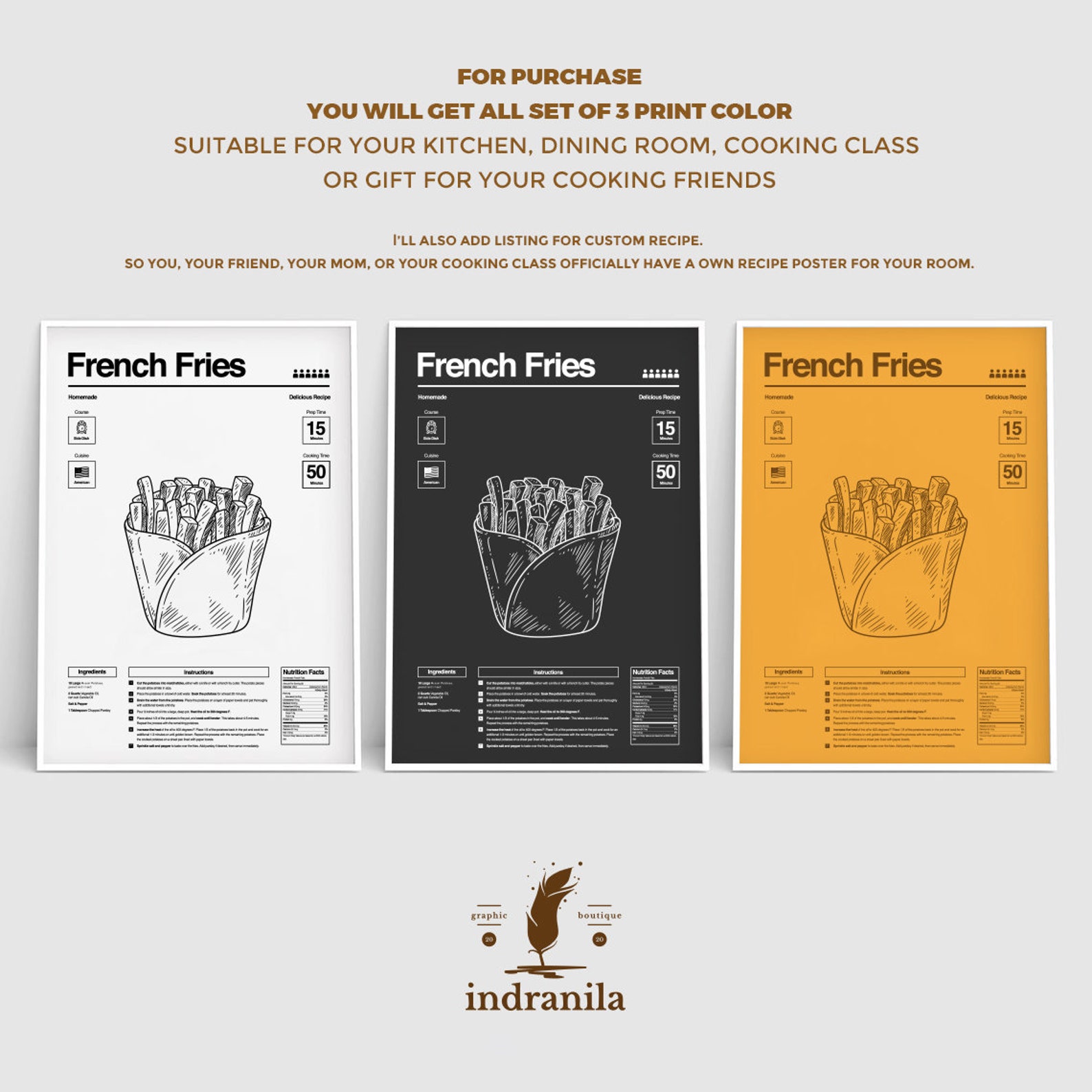 Homemade French Fries Recipe 3 Color Print Art Easy Cooking - Etsy