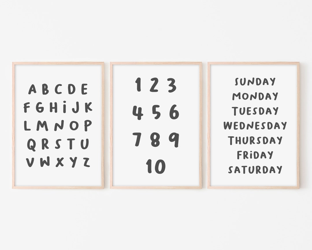 Kp03/alphabet Numbers Days, Three Pieces Print Set, Kids Wall Art ...