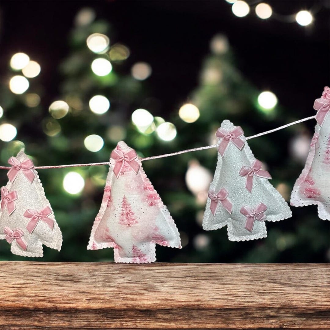 Coquette Christmas Tree Garland, Pink Holiday Banner, Pink Winter Decor ...