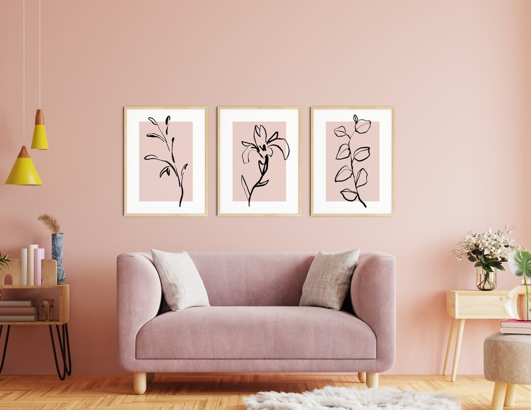 3 Set of Dusky Pink Botanical Line Art Prints - Etsy