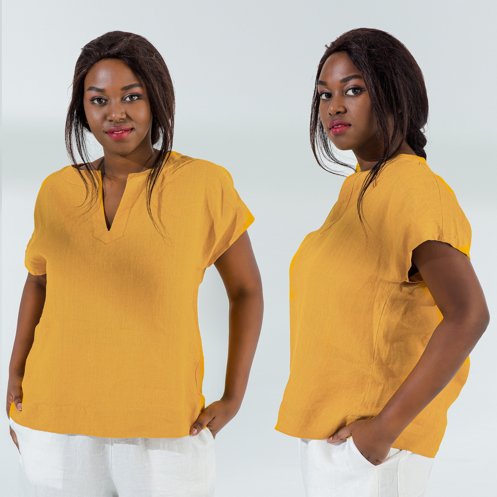 Short Sleeve Linen Top Linen Simple Top Linen Blouse Split Neckline ...