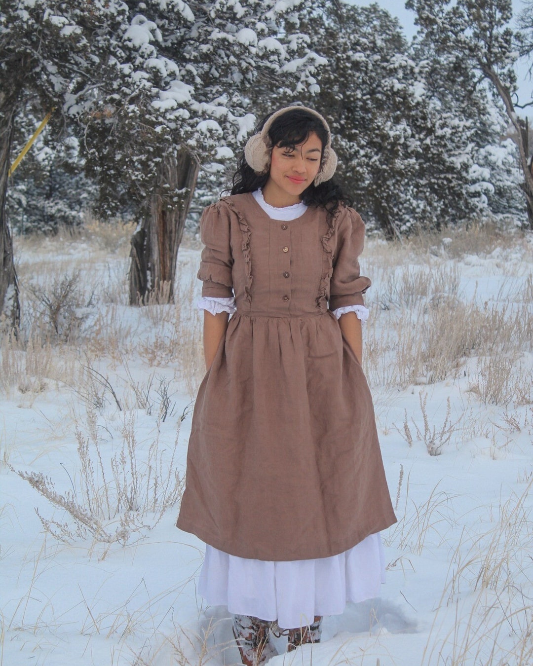 RUFFLED Front LINEN DRESS With Puffed Sleeves, Button Front, Midi ...