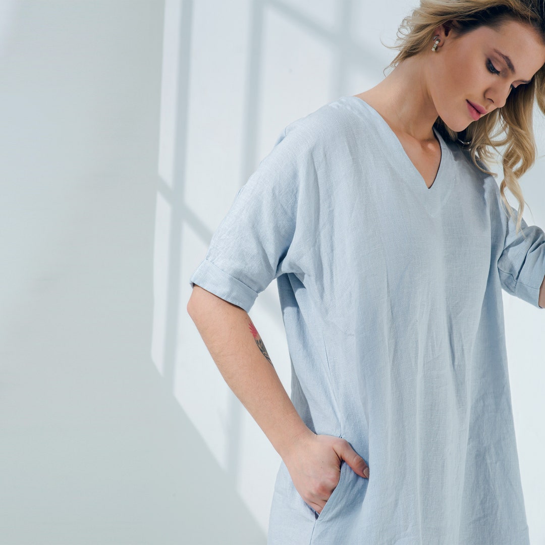Sky Blue V Neck Linen Tunic Dress With Pockets | Half Sleeves Linen ...