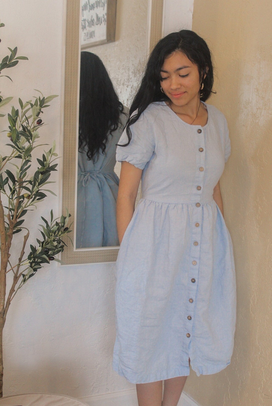 COMFY Linen Dress With Button-up Front, Scoop Neckline | Knee-length ...