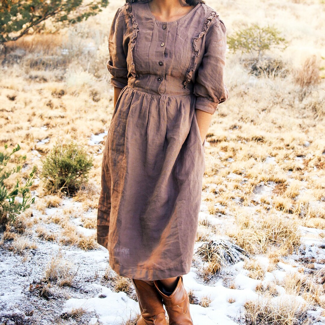 RUFFLED LINEN DRESS, Puff Sleeves, Round Neck, Button Front ...