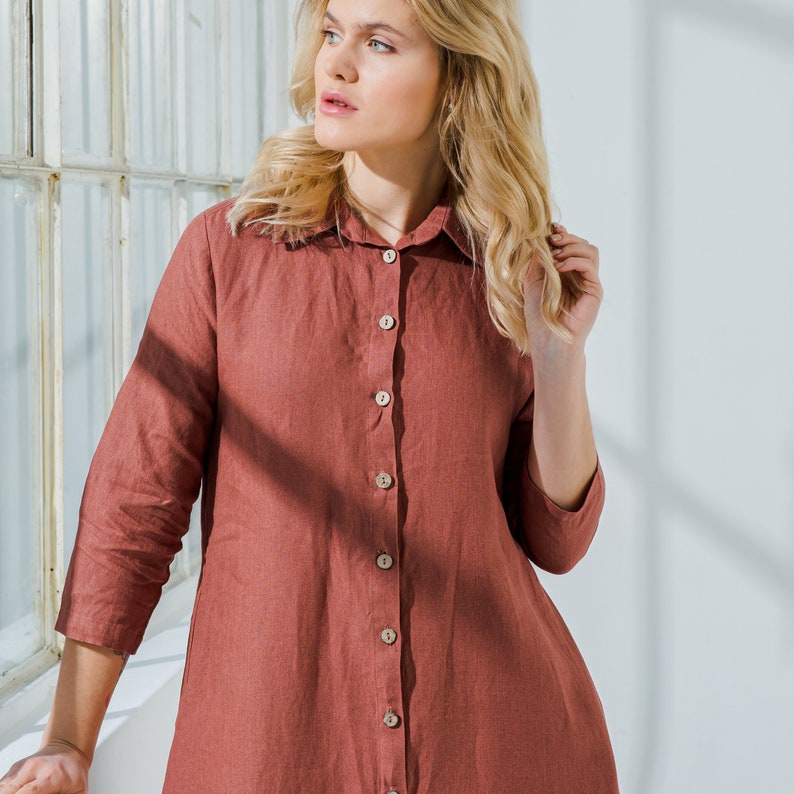 Collared Linen Shirt Dress With Belt and Two Pockets 3/4 - Etsy