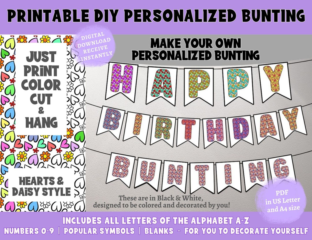 DIY Personalized Bunting PRINTABLE – Happy Birthday Buntings – Color in ...
