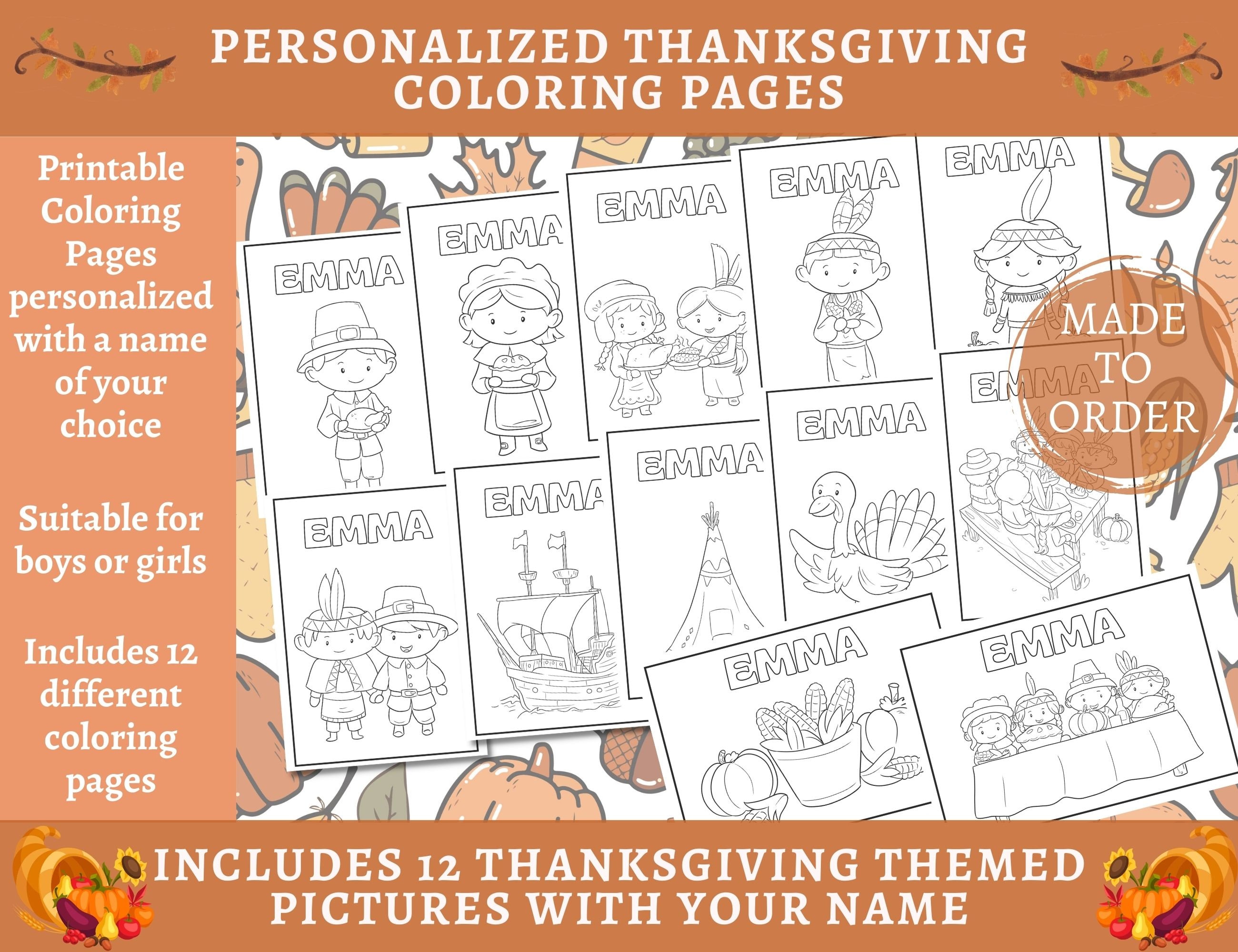 Printable Personalized Thanksgiving Coloring Pages, 12 Pages First ...