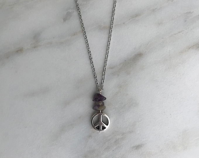 Peace Sign Necklace Gemstone Stainless Steel Chain Crystal Amethyst ...