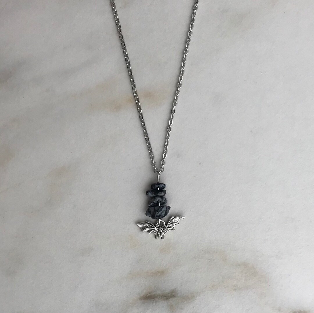 Bat Necklace - Gemstone - Stainless Steel- Crystal - Snowflake Obsidian ...