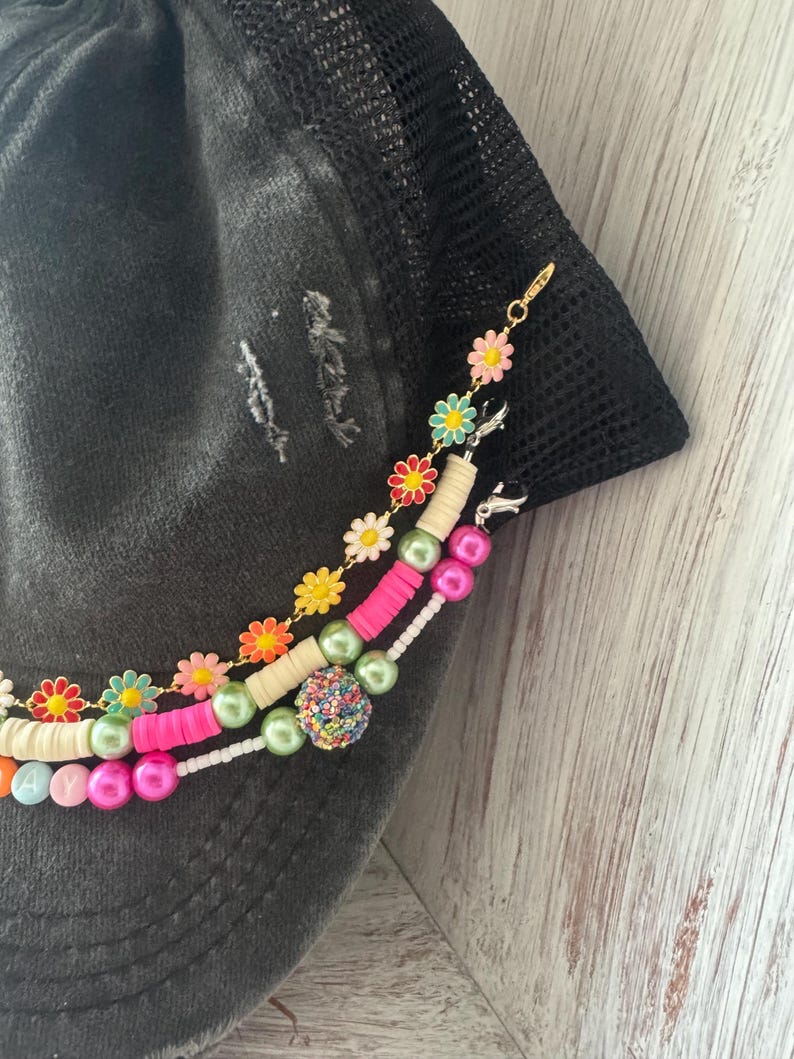 Beach Day Hat Chain, Pink-green & White Beaded Chain, Gold Metal ...