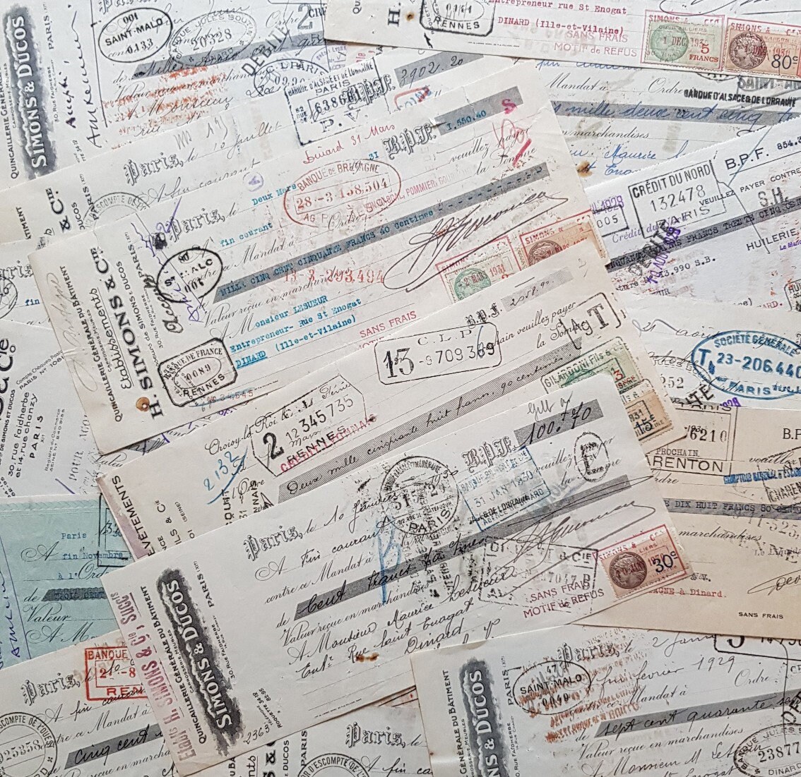 Vintage French Invoices (16) With Stamps Ephemera Letterhead Quittance ...