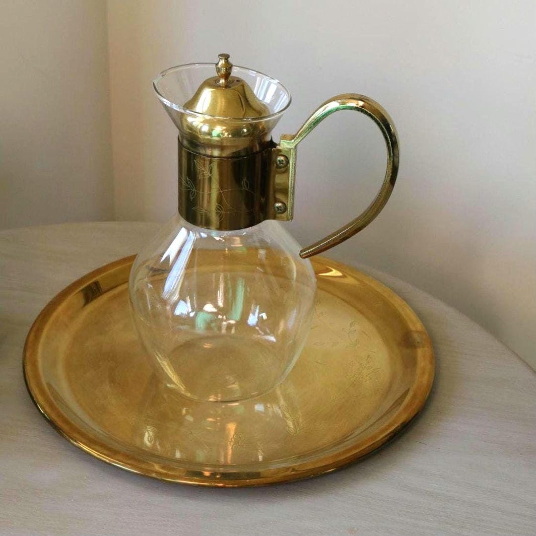 Vintage Princess House Heritage Glass Carafe With Brass Lid & Handle ...