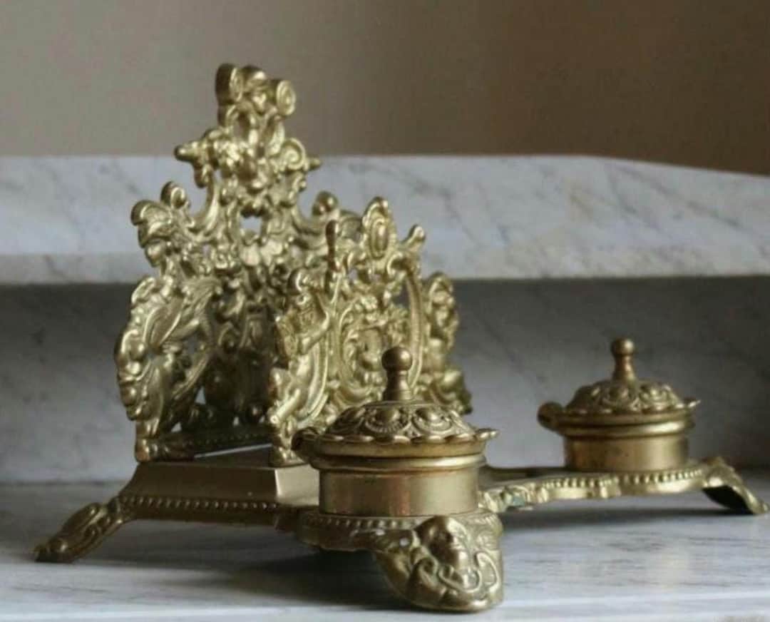 Antique Style Brass Double Inkwell & Letter Holder | Cherub Rococo Desk ...