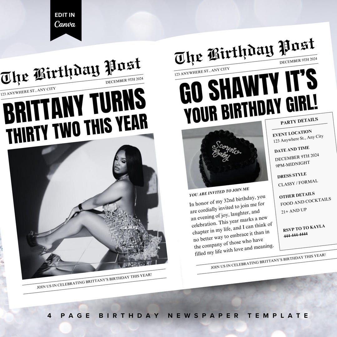 Birthday Newspaper Invitation, Editable Newspaper Birthday Invitation ...
