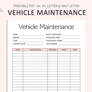 Vehicle Maintenance Log - Vehicle Service Tracker - Vehicle Repairs ...