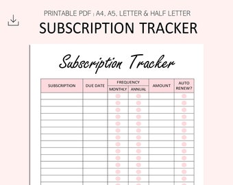Editable Subscription Tracker Printable Subscription Log Subscription Checklist Expense Tracker ...