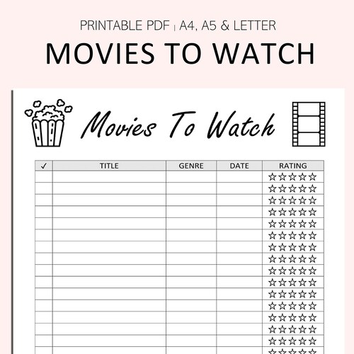 Movies to Watch List Movie Tracker Printable Movie List | Etsy