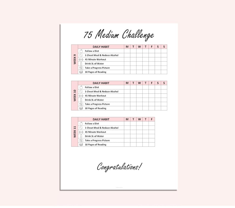 75 Medium Challenge Tracker - 75 Challenge Printable - PDF - A4 - A5 ...
