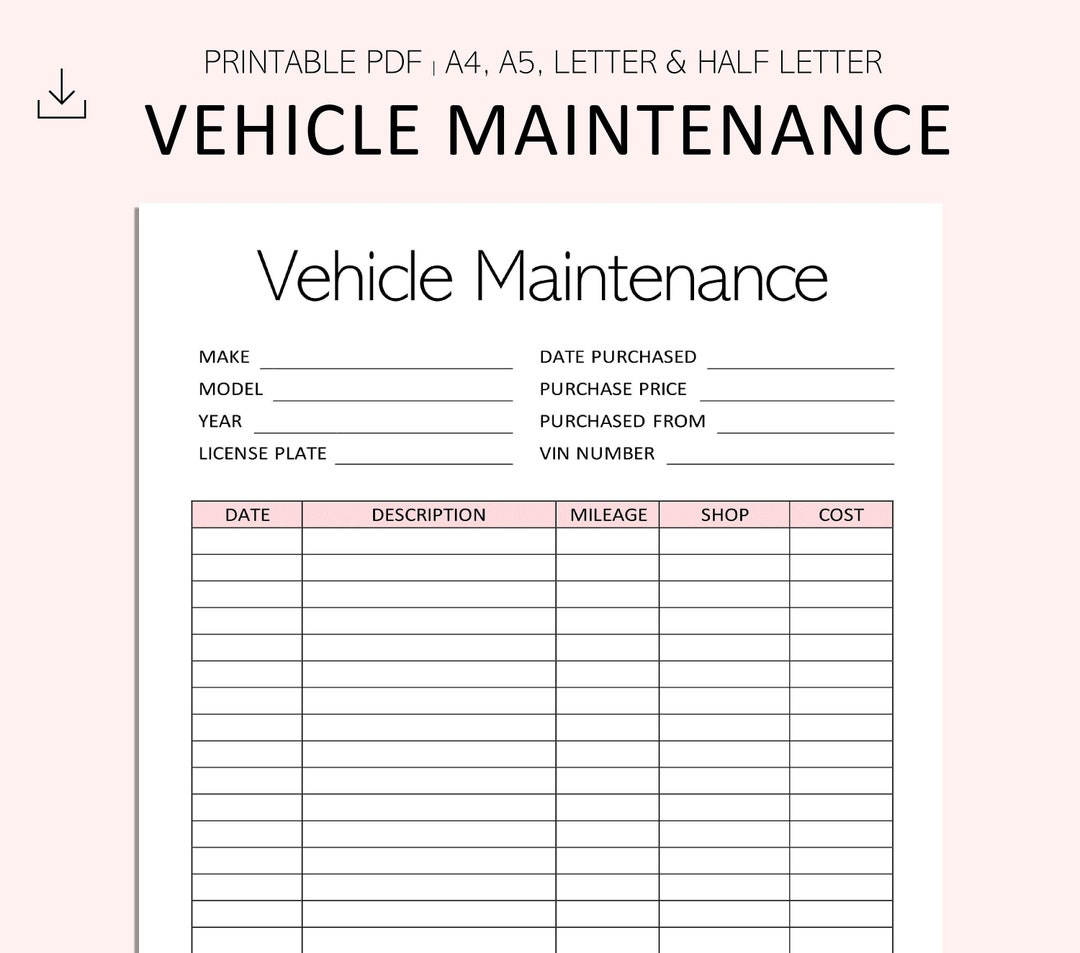 Vehicle Maintenance Log - Vehicle Service Tracker - Vehicle Repairs ...