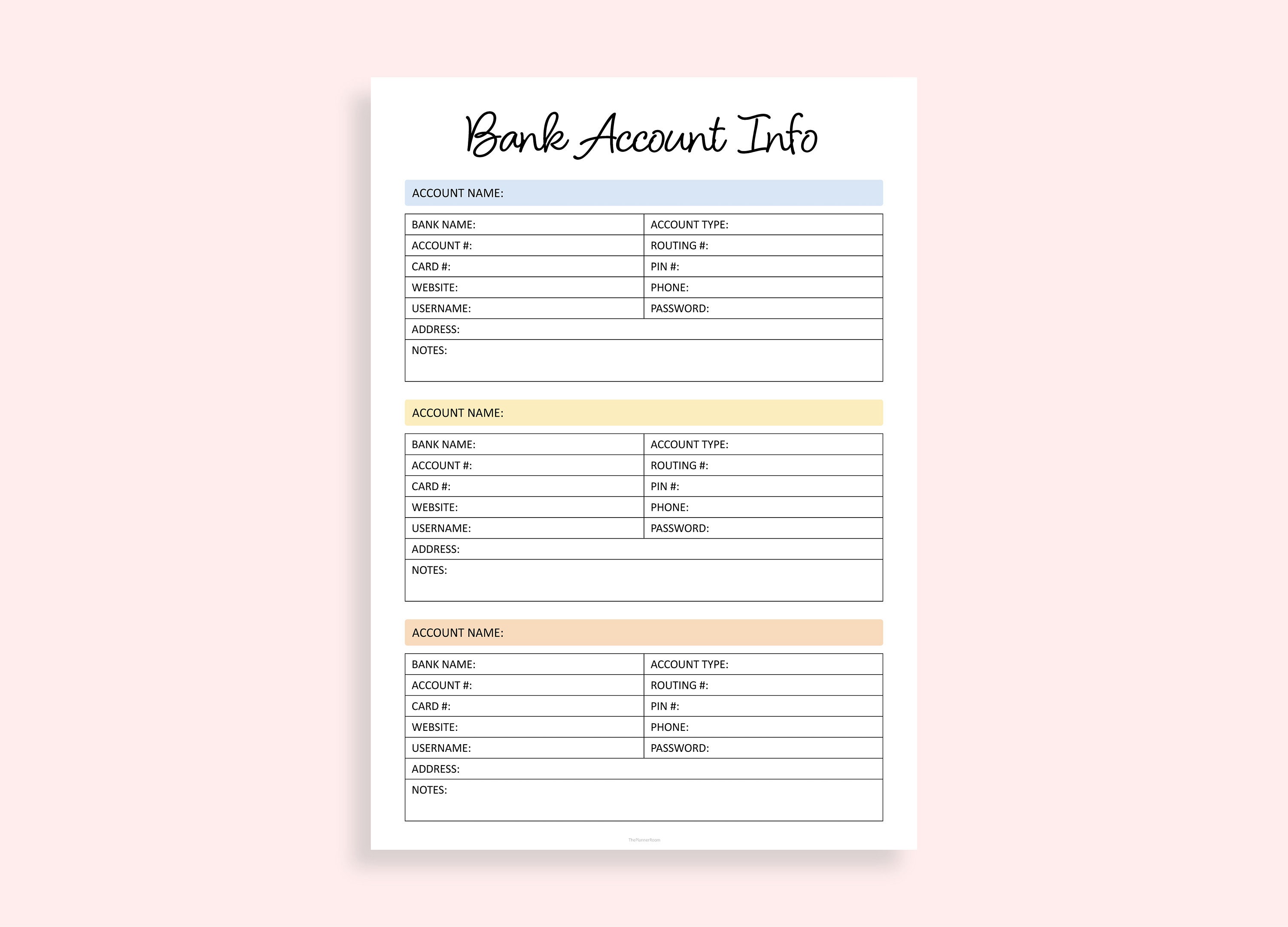 Bank Account Information Printable Bank Tracker Bank - Etsy