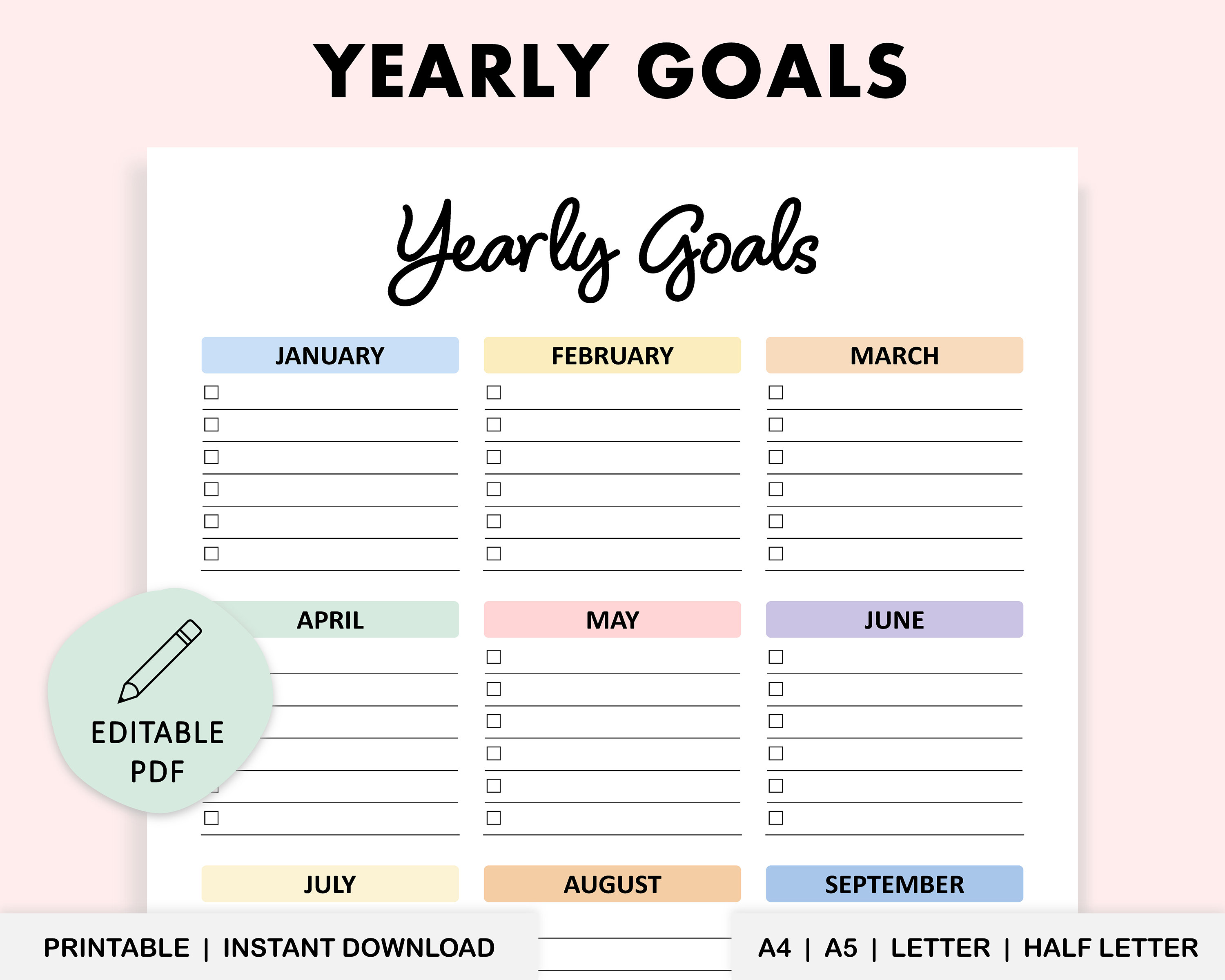 Editable Yearly Goals Checklist Monthly Goals Planner New Year ...