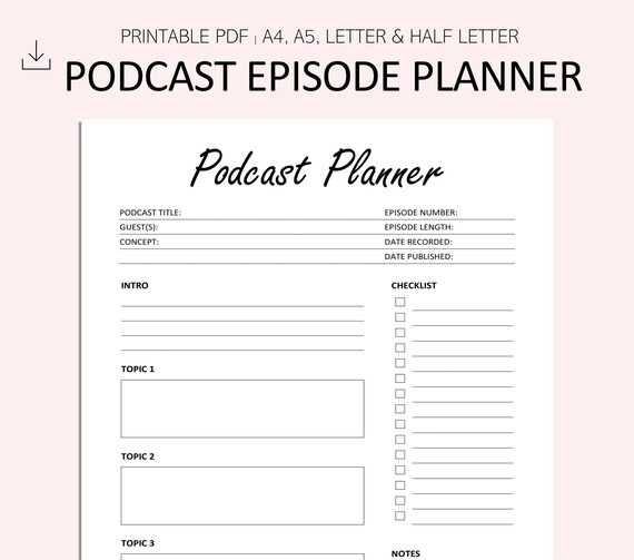 Podcast Episode Planner Podcast Printable PDF A4 A5 | Etsy