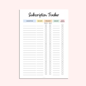 Editable Subscription Tracker Printable Subscription Log Subscription ...