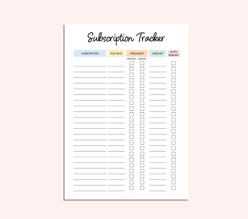 Editable Subscription Tracker Printable Subscription Log Subscription ...