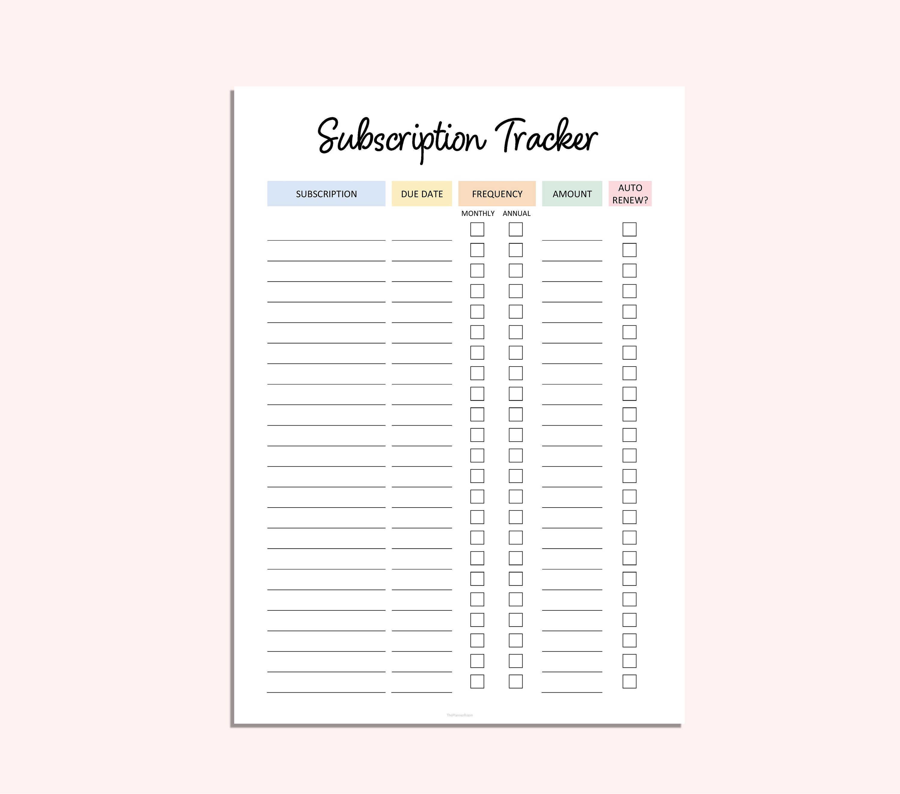 Editable Subscription Tracker Printable Subscription Log Subscription ...