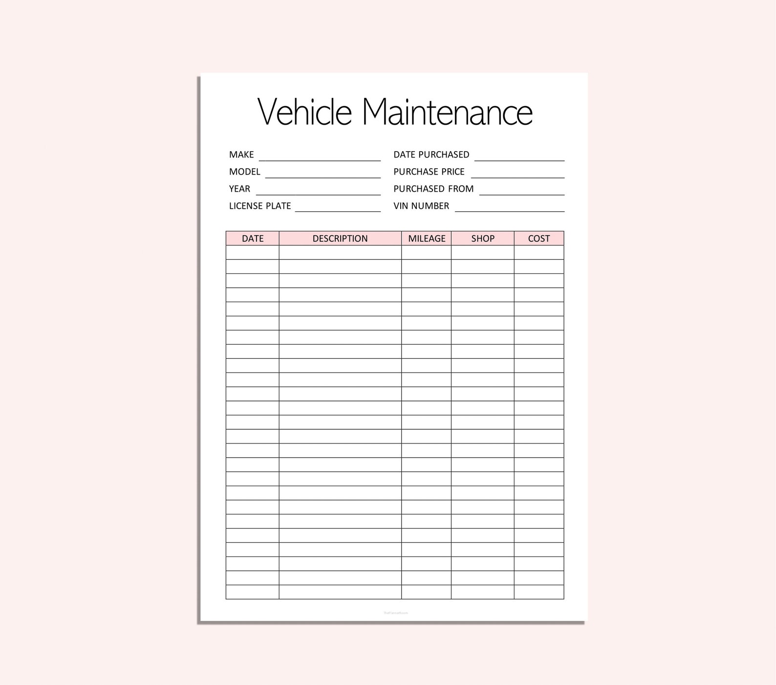 Vehicle Maintenance Log - Vehicle Service Tracker - Vehicle Repairs ...