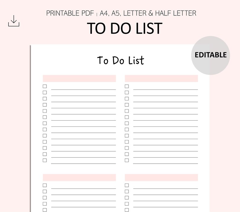Editable to Do List - 4 Category to Do List Printable - Editable ...