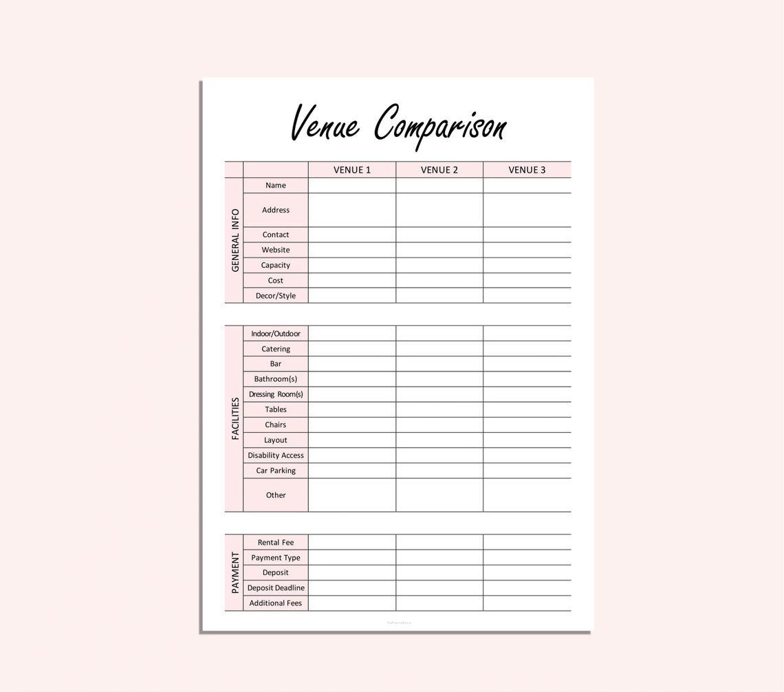 Venue Comparison Printable Event Planning Venue Details - Etsy