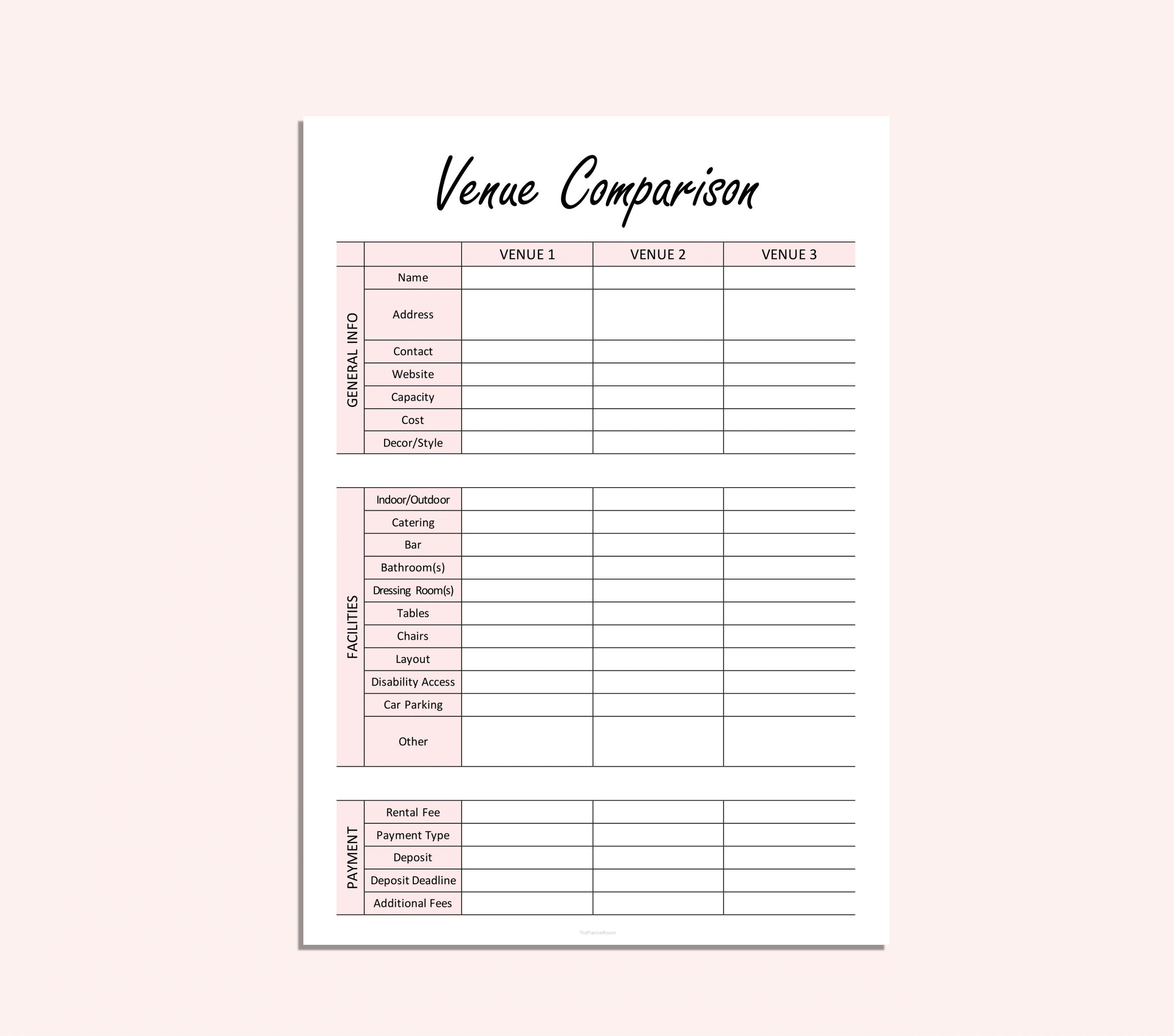 Venue Comparison Printable - Event Planning - Venue Details - Venue ...