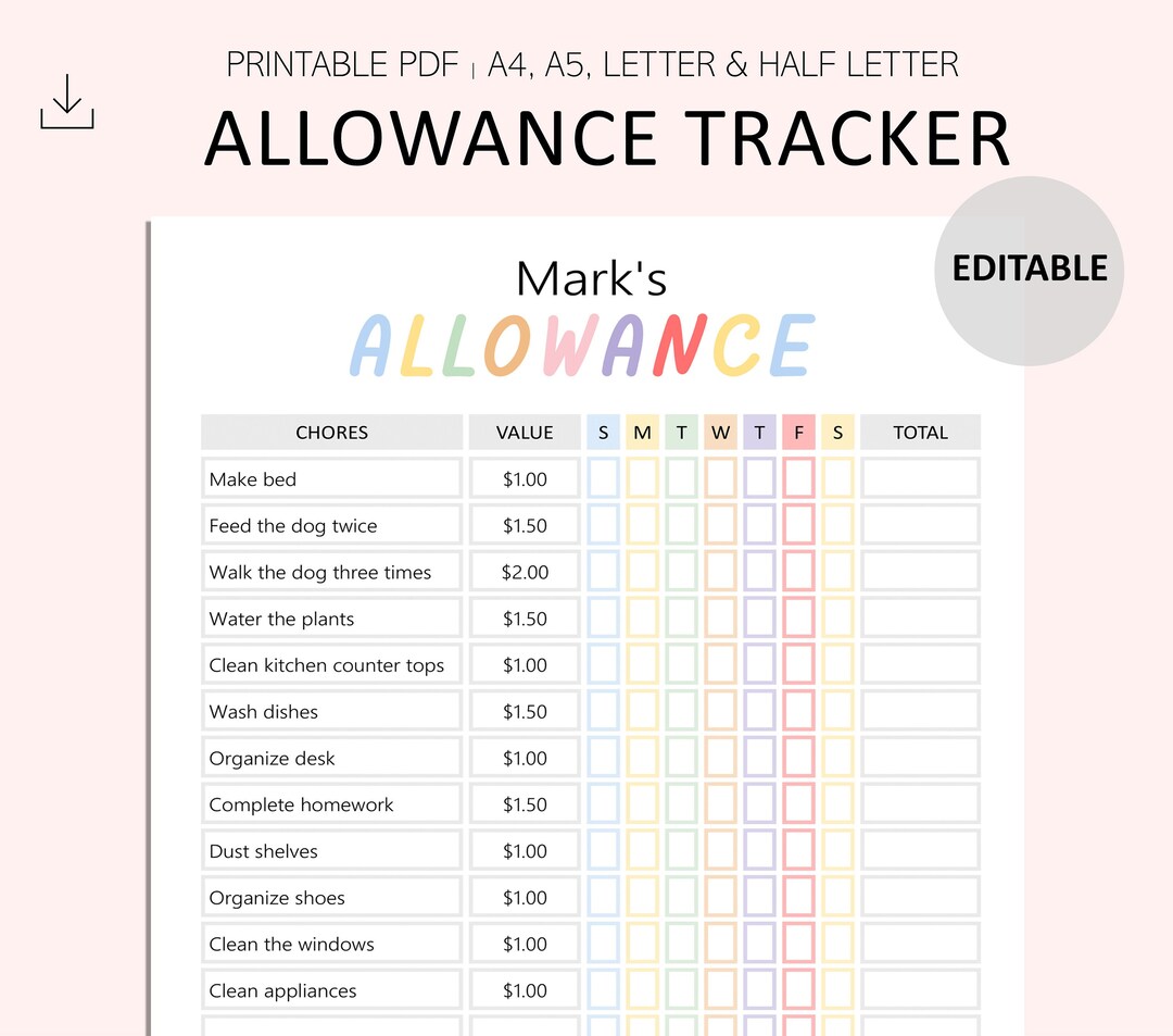 Editable Weekly Allowance Tracker Kids Chore Chart Earn Money Chart ...