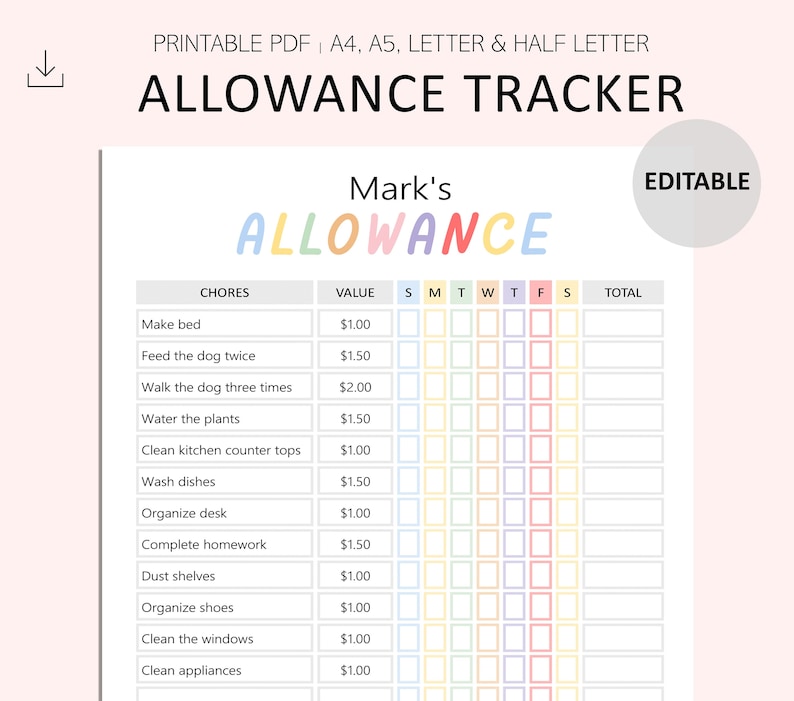 Editable Weekly Allowance Tracker Kids Chore Chart Earn Money Chart ...