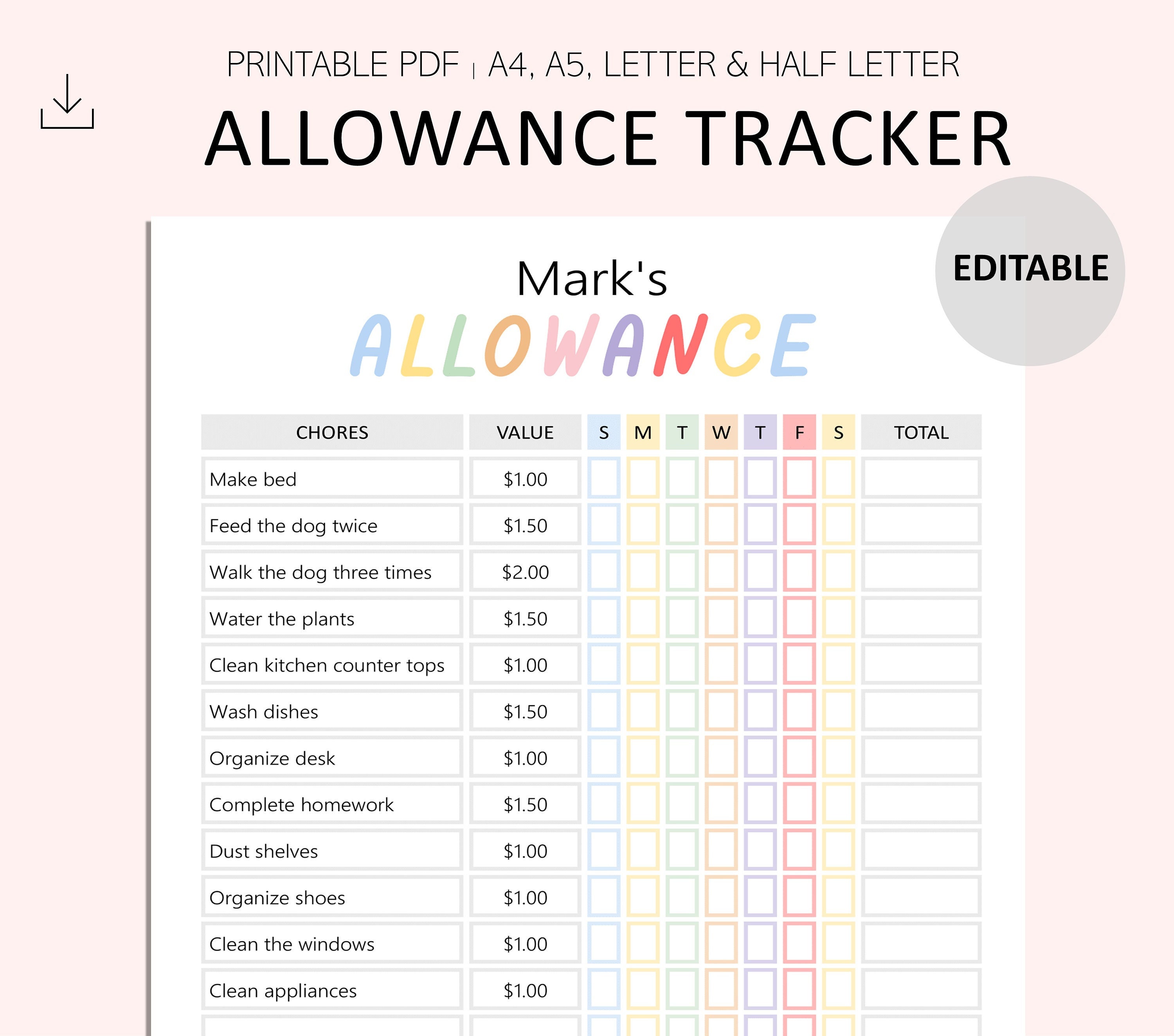 Editable Weekly Allowance Tracker Kids Chore Chart Earn Money Chart ...