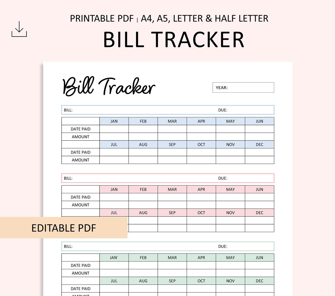 Editable Bill Tracker Tracker - Bill Log - Annual Bill Log - Utility ...