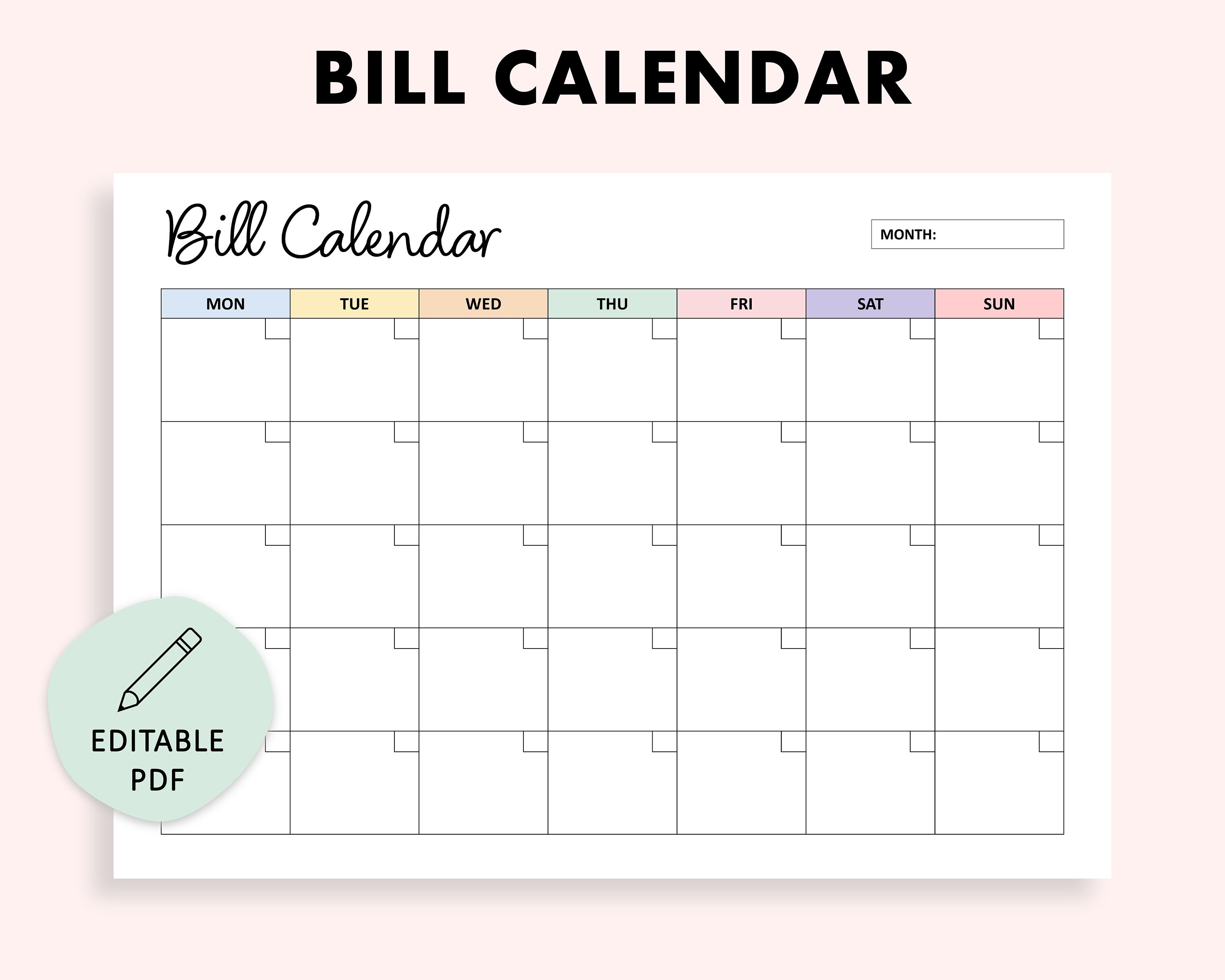 Horizontal Editable Bill Calendar Planner Editable Bill Tracker ...