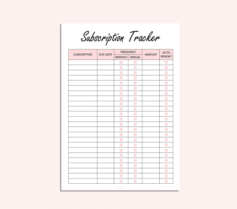 Subscription Tracker Printable Subscription Log Expense - Etsy