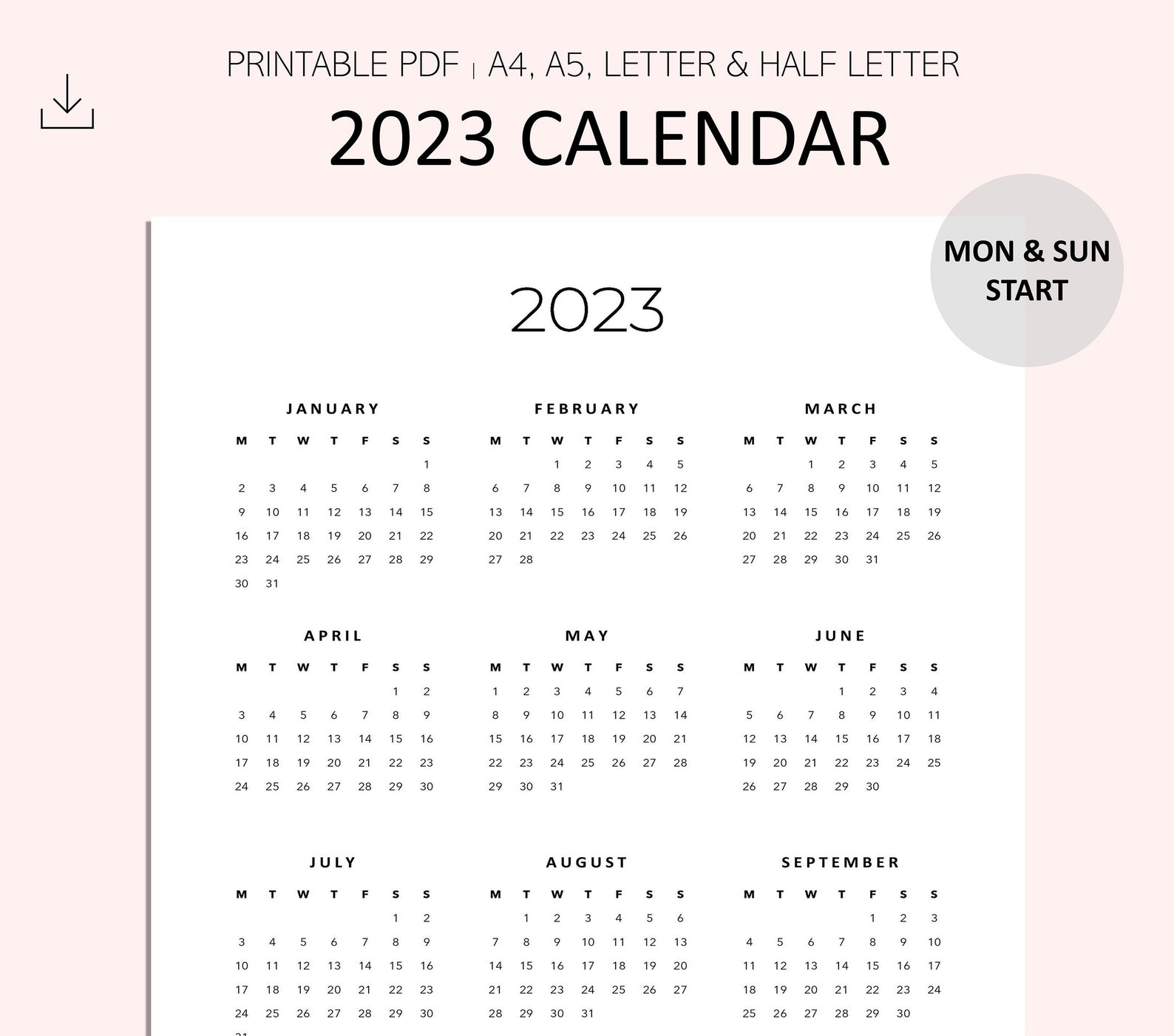 2023 Calendar Printable Year Calendar Minimalist Calendar - Etsy