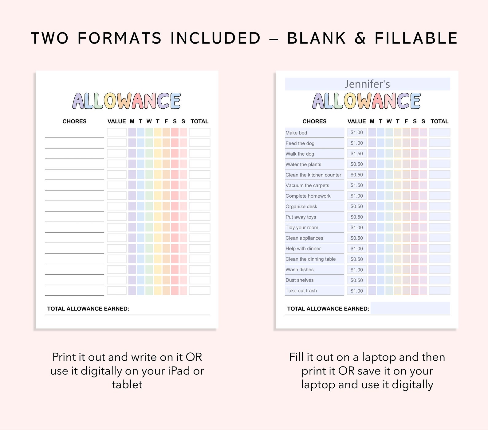 Editable Allowance Tracker for Kids Printable Allowance Chore Chart ...