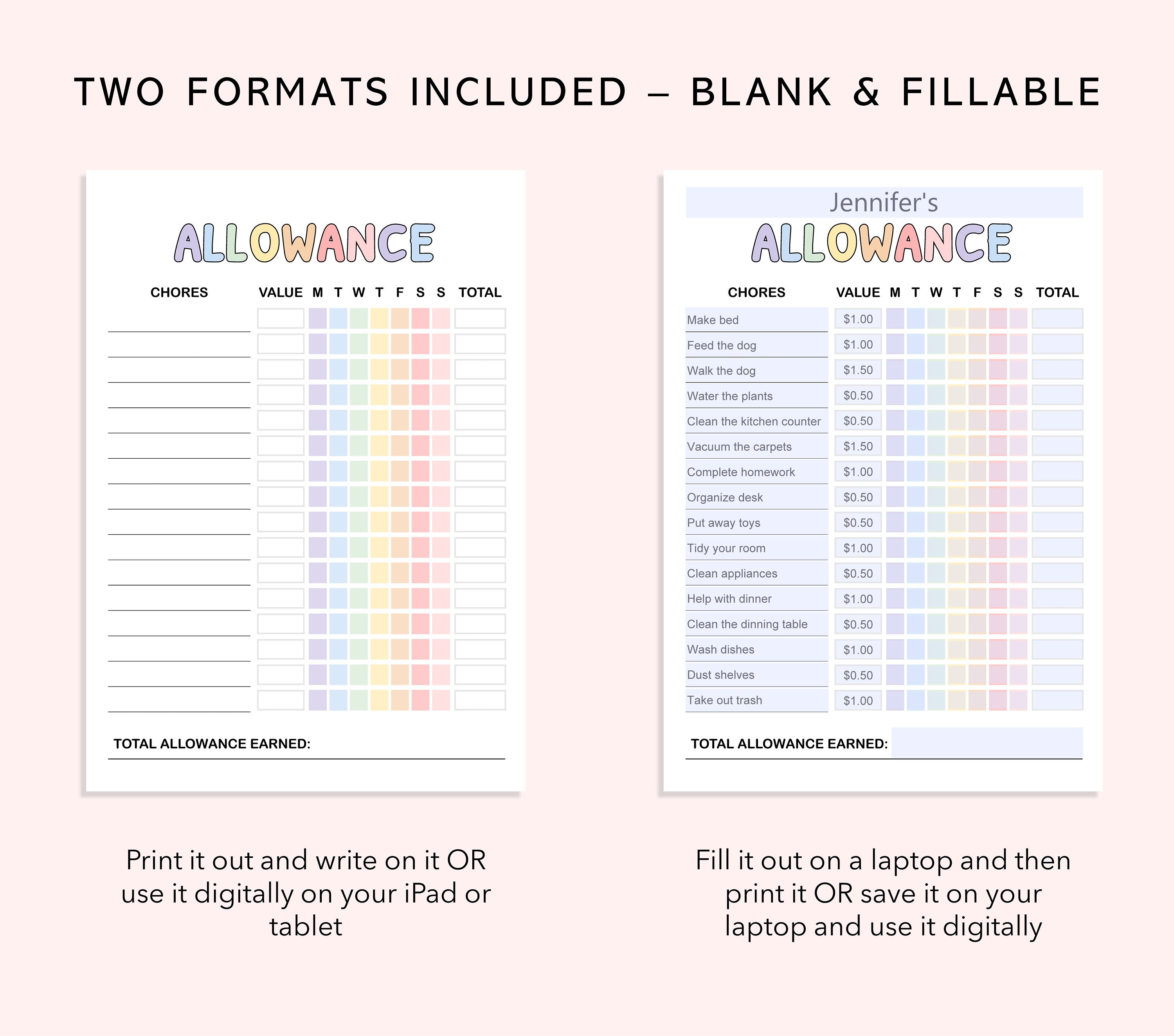 Editable Allowance Tracker for Kids Printable Allowance Chore Chart ...
