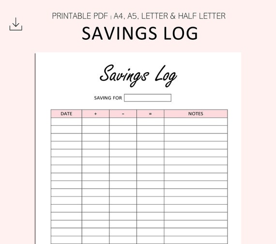 Savings Log Printable Savings Tracker Savings Goal | Etsy