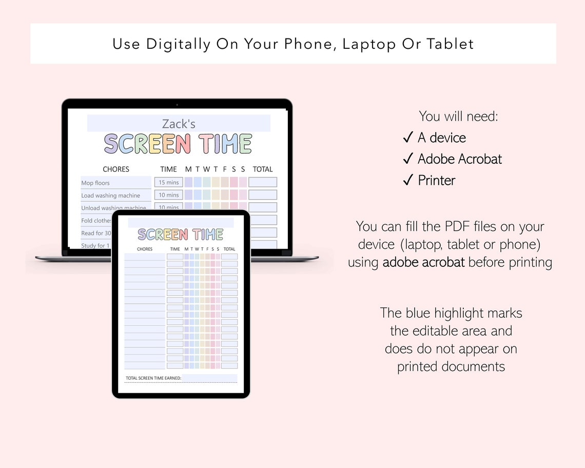 Editable Screen Time Tracker for Kids Printable Screen Time Chart Earn ...