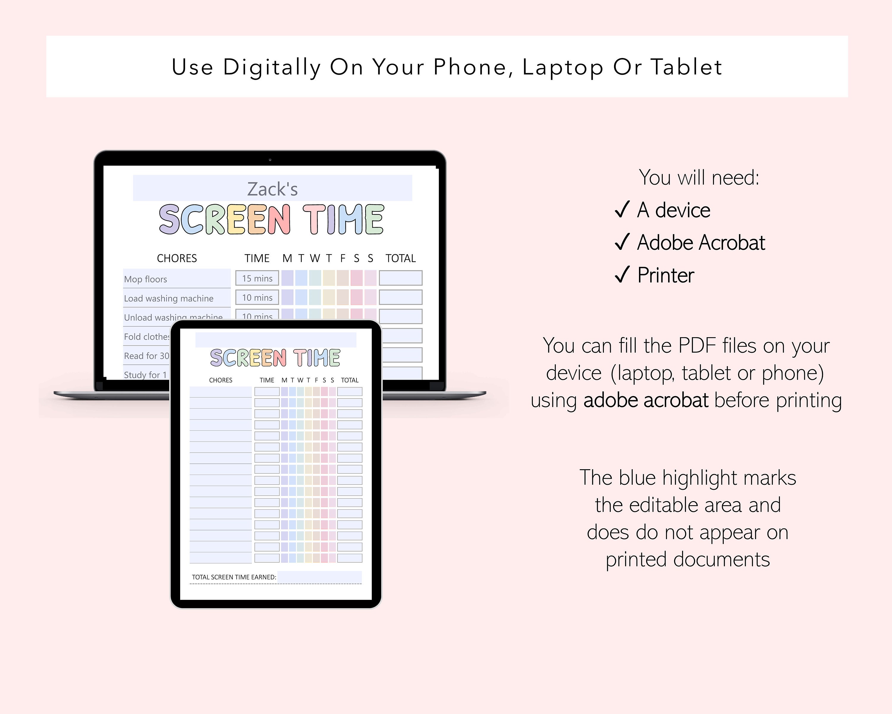 Editable Screen Time Tracker for Kids Printable Screen Time Chart Earn ...