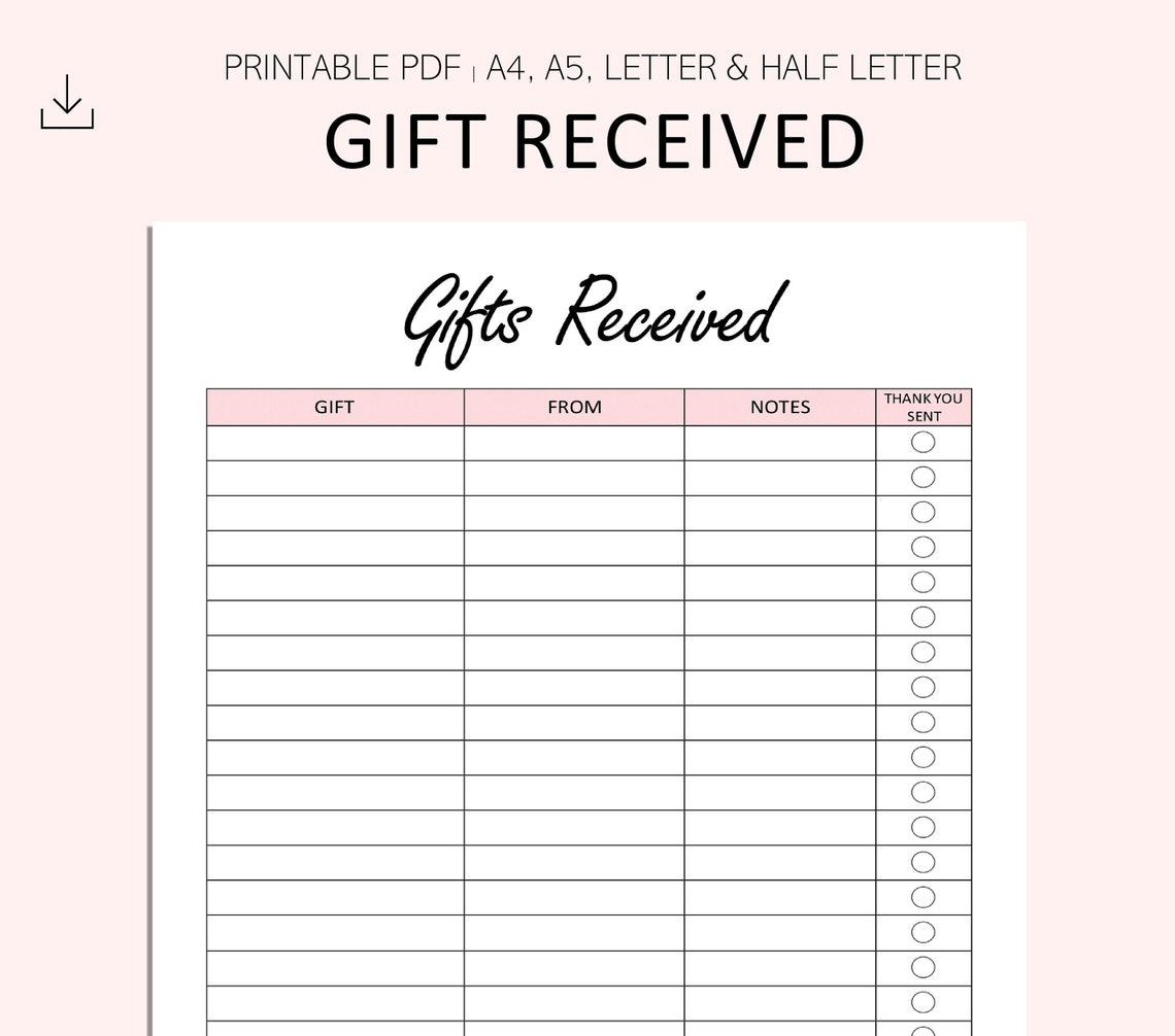 Gifts Received Tracker Printable Gift Register Gifts | Etsy