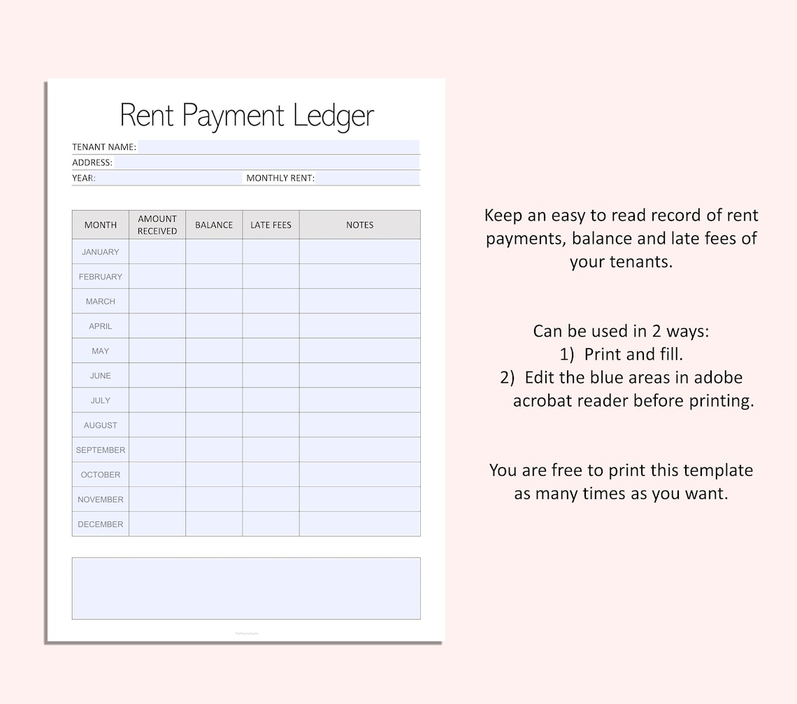 Editable Rent Payment Ledger Printable - Tenant Payment Tracker - Rent ...